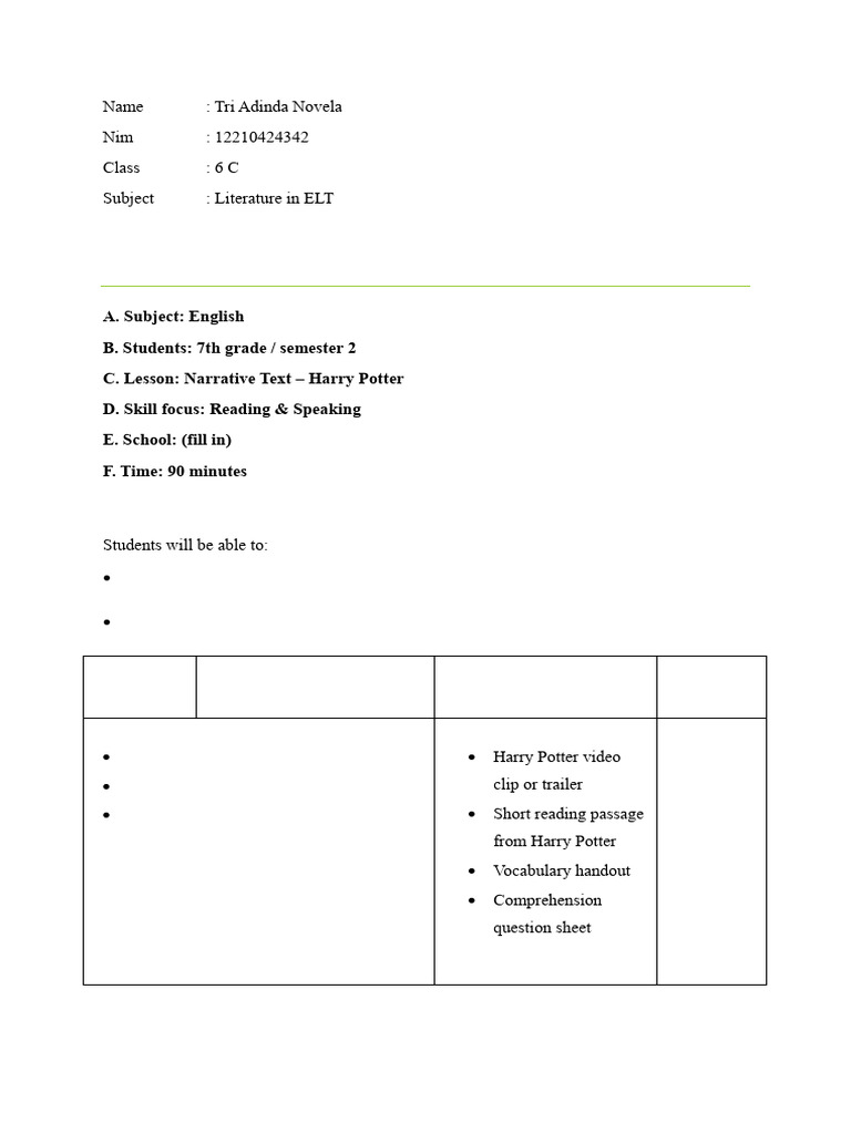 Lesson Plan Harry Potter Tri Adinda Novela | PDF | Reading ...
