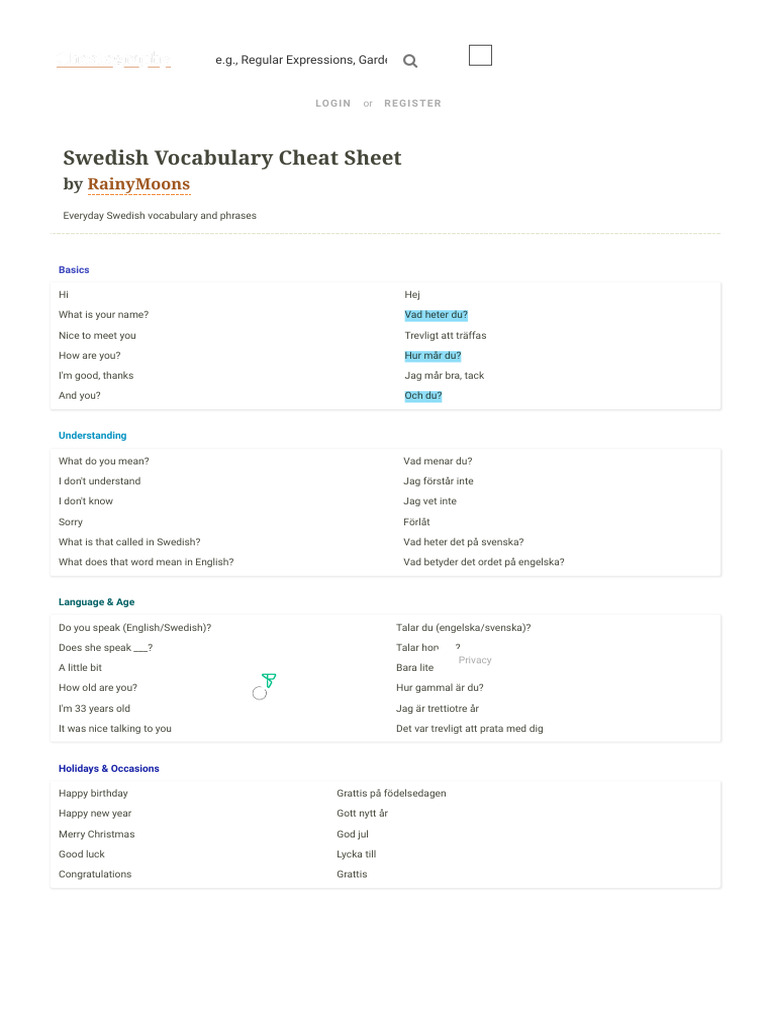 Swedish Vocabulary Cheat Sheet by RainyMoons - Download Free Fro | PDF