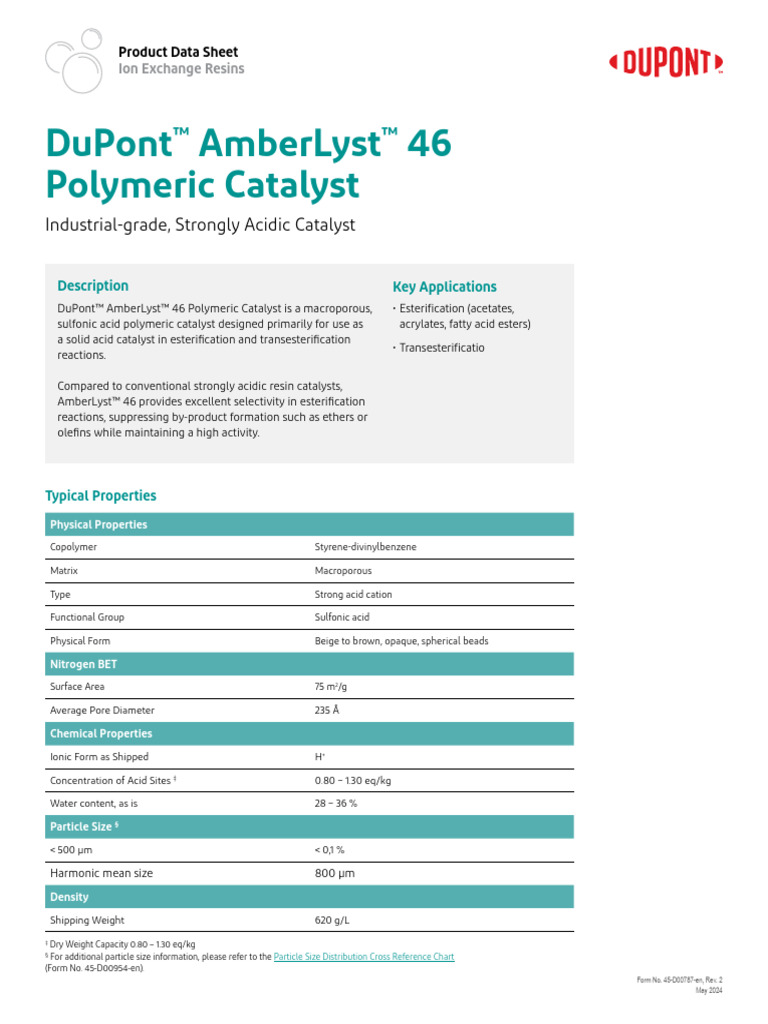 DuPont AmberLyst 46 Product Data Sheet | PDF | Ester | Materials