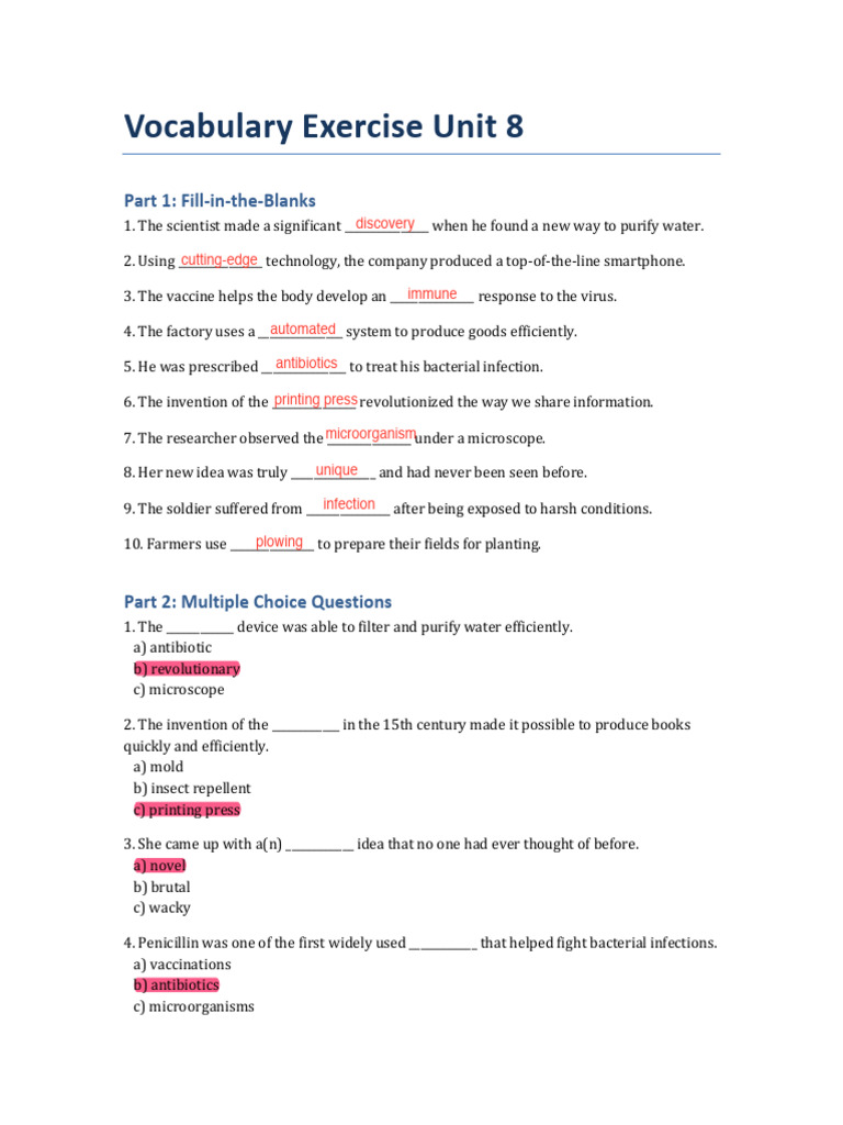 Vocabulary Exercise Unit 8 | PDF | Infection | Antimicrobial Resistance
