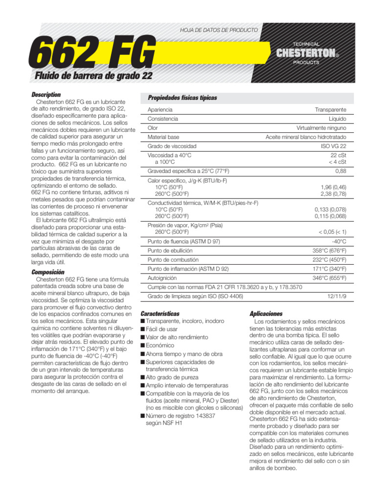 Lubricante 662 FG para Sellos Mecánicos | PDF | Lubricante | Materiales