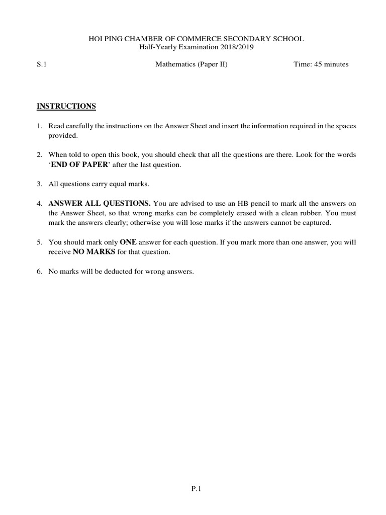 Hoi Ping Chamber S.1 Math Exam 2018/19 | PDF | Mathematics