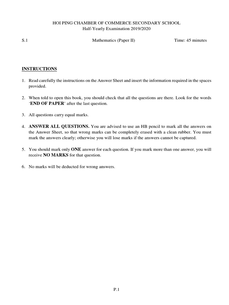Hoi Ping F1 2019 Mid-Year Exam (MC) | PDF | Mathematics | Arithmetic