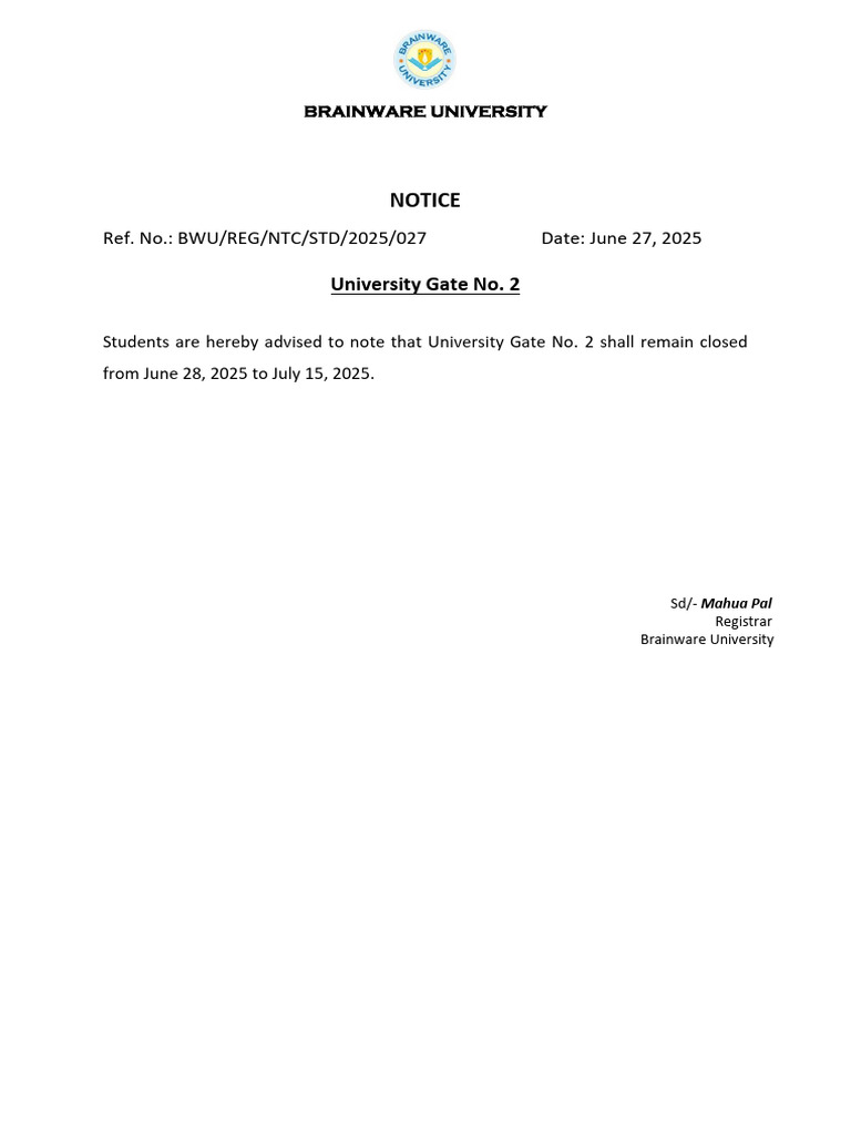 Student Notice 2025-06-27 University Gate No. 2 | PDF