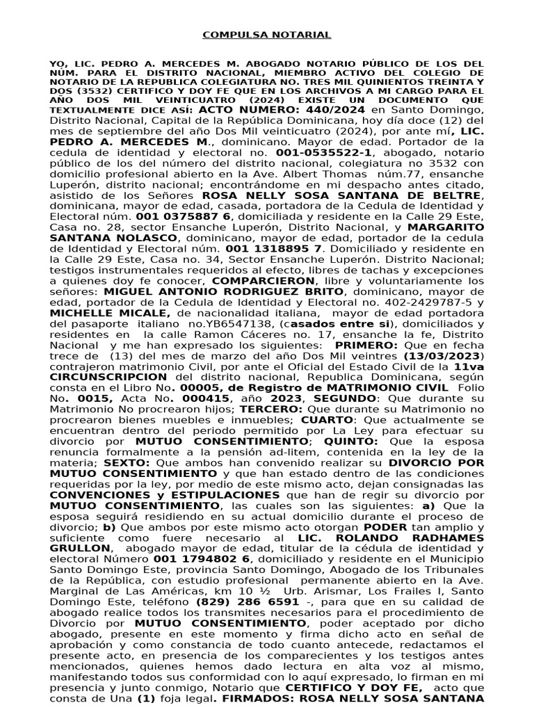 Compulsa Notarial - Italia | PDF | Divorcio | República Dominicana