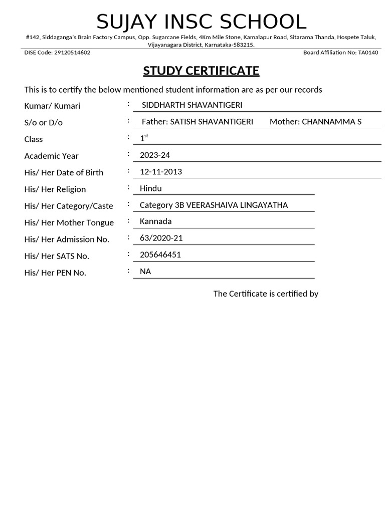 Study Certificate Format | PDF