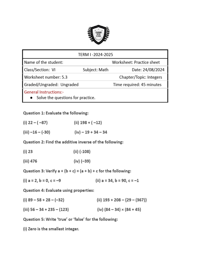 Integers Practice Sheet | PDF | Integer | Abstract Algebra