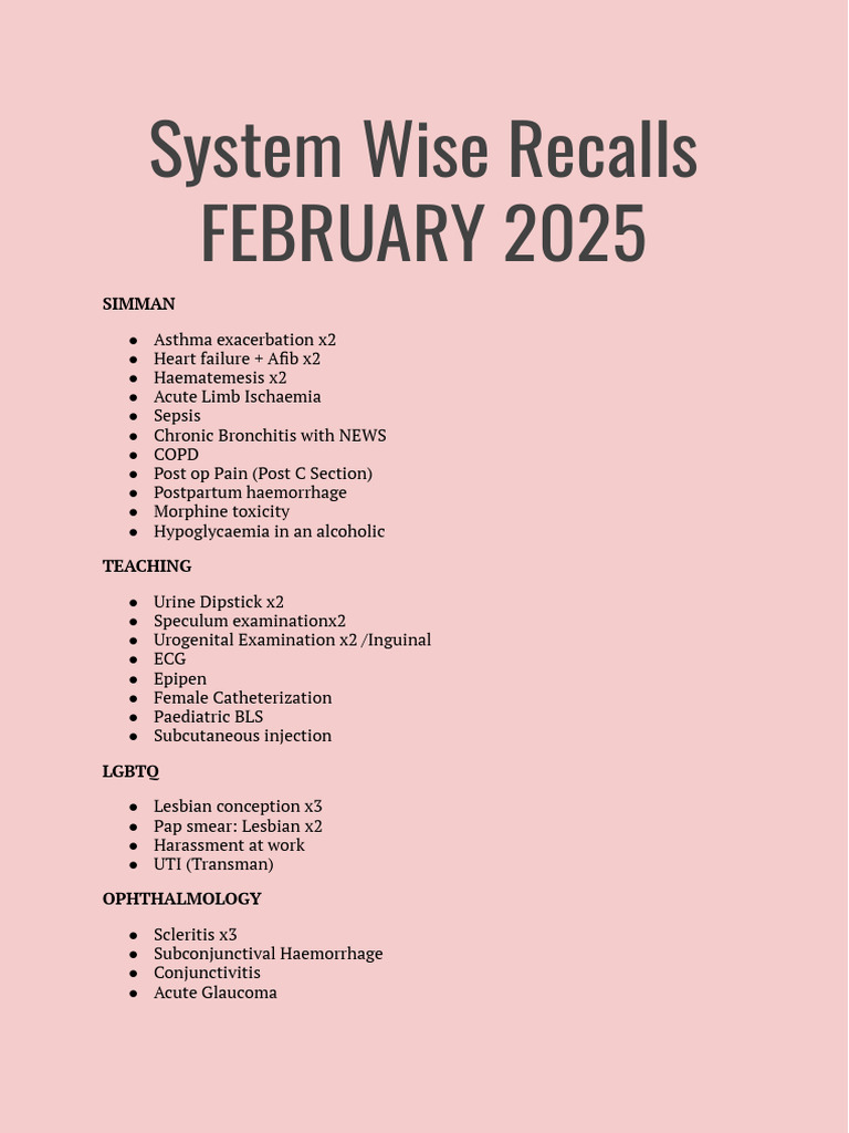 PLAB 2 Recalls Overview - February 2025 | PDF | Headache | Cancer
