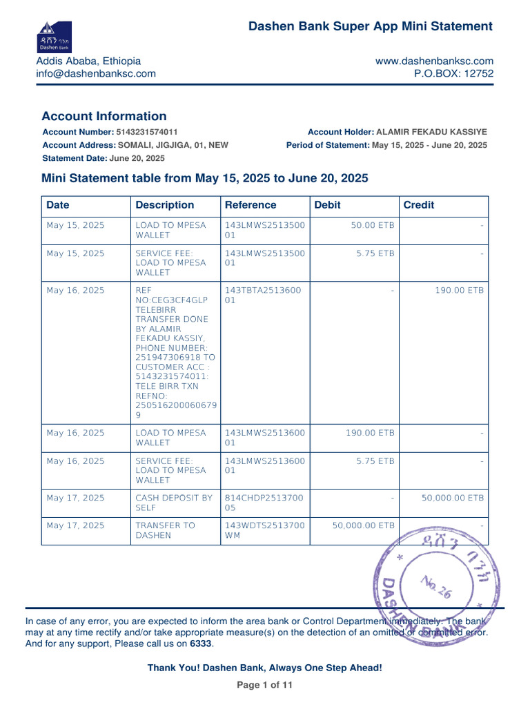 Dashen Bank Mini Statement Summary | PDF | Banks | Credit Card