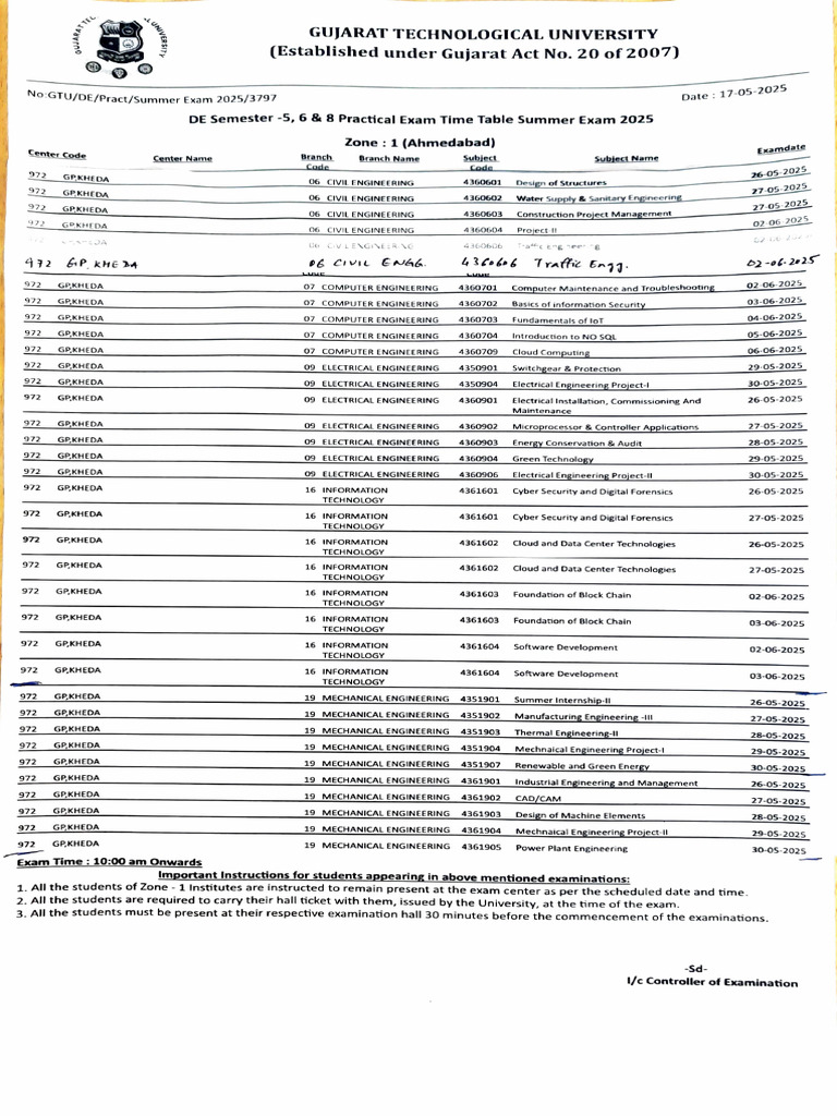 GTU 2025 Practical Exam Time Table | PDF | Mechanical Engineering ...