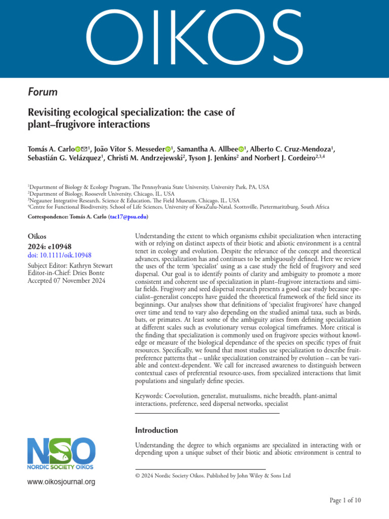 Revisiting Ecological Specialization: The Case of Plant-Frugivore ...