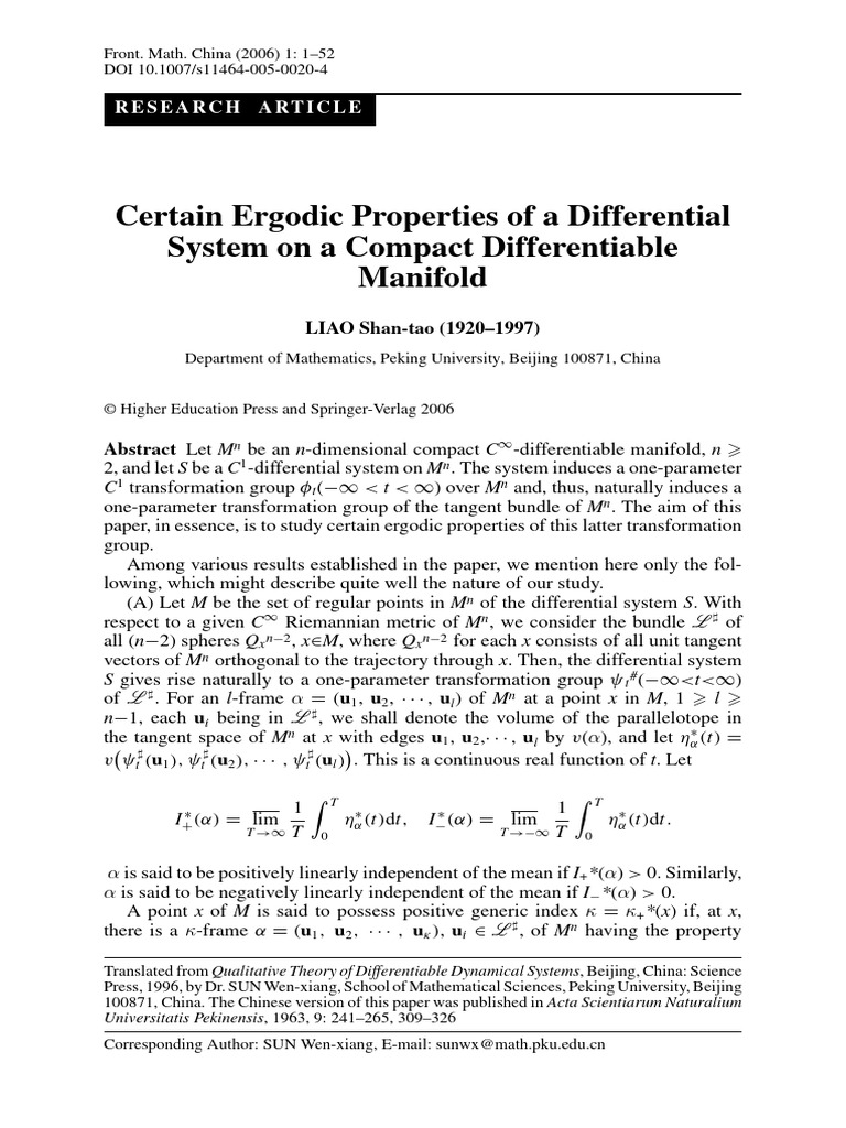 Certain Ergodic Properties of A Differential System On A Compact ...