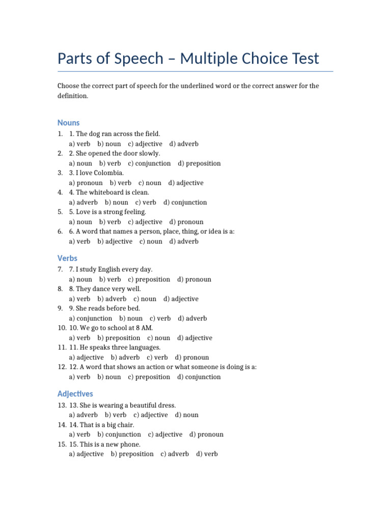 Parts of Speech Test | PDF | Adverb | Verb