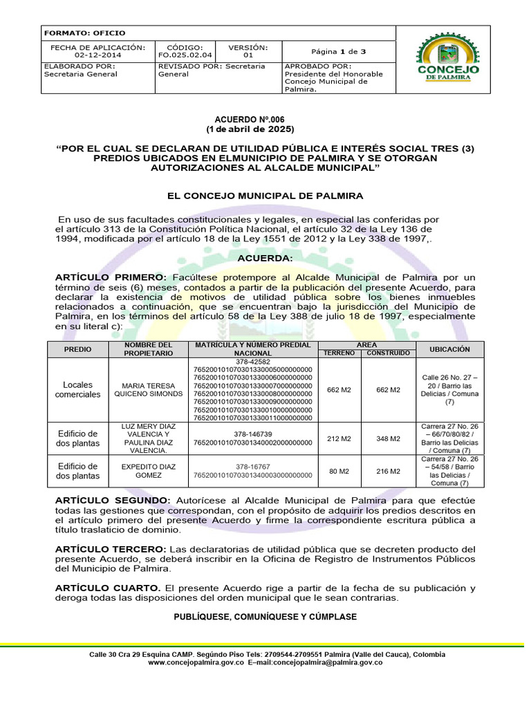 Acuerdo 006 Del 1 Abril de 2025 | PDF | Gobierno