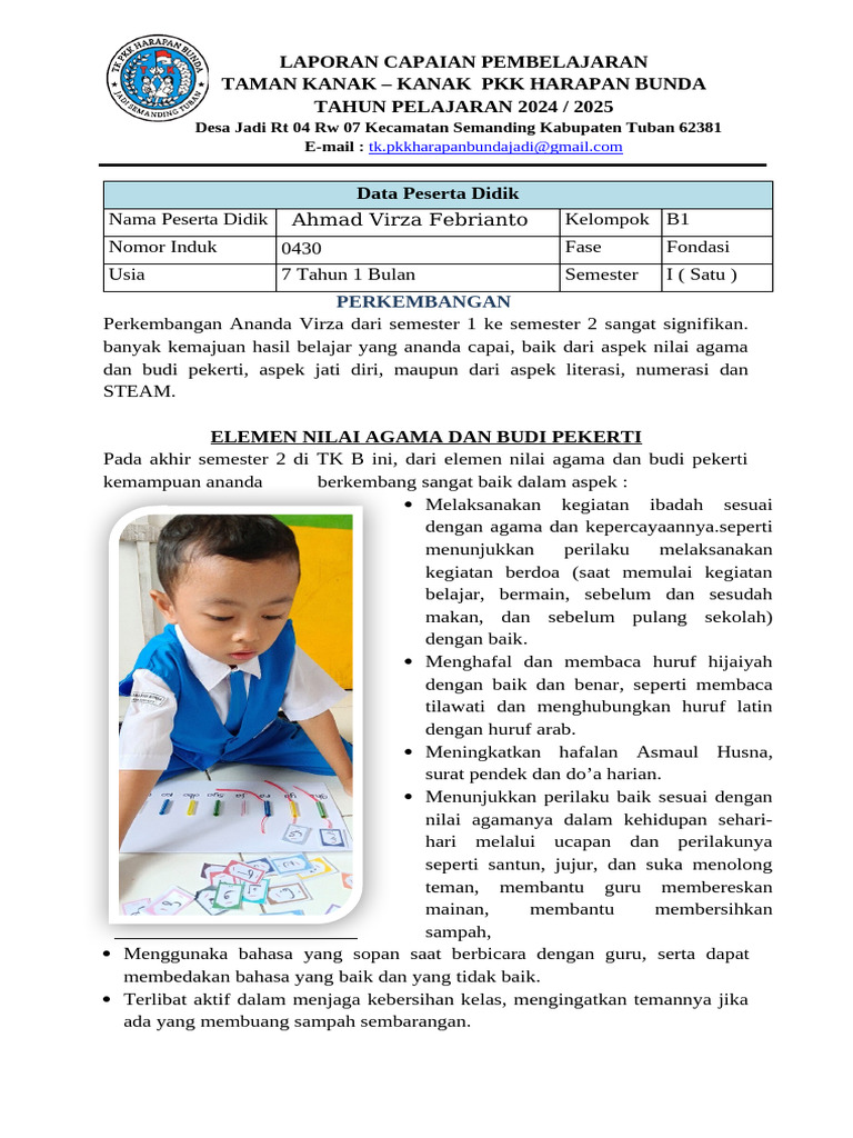 Laporan Capaian Pembelajaran TK 2024/2025 | PDF