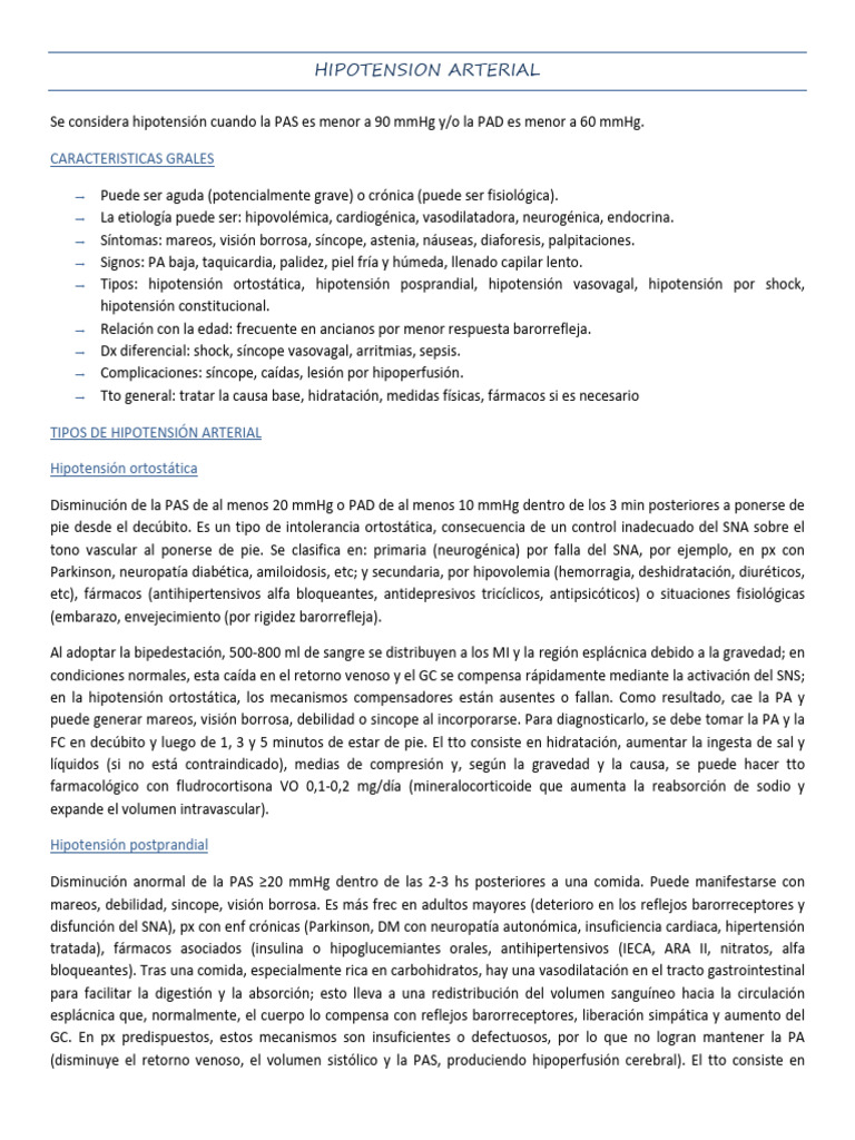 Hipotension Arterial Resu Prop | PDF | Enfermedades y trastornos humanos | Especialidades Medicas
