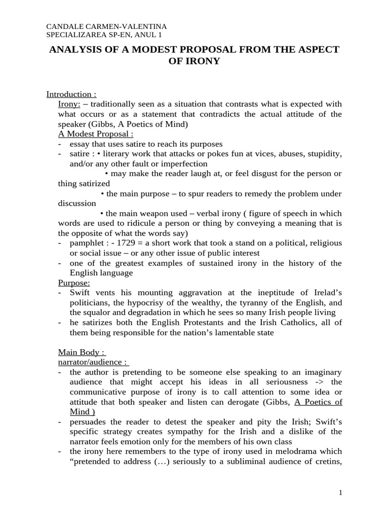 Analysis of A Modest Proposal From The Aspect of Irony | PDF | Satire ...