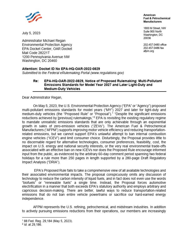 Afpm Comment Epa HQ Oar 2022 0829 | PDF | Electric Vehicle | Mining