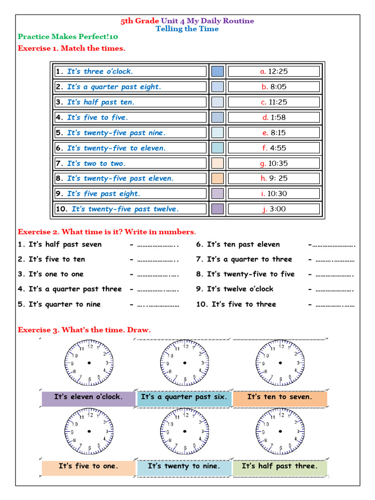 5th Grade Unit 4 My Daily Routine - Telling The Time - Practice Makes ...