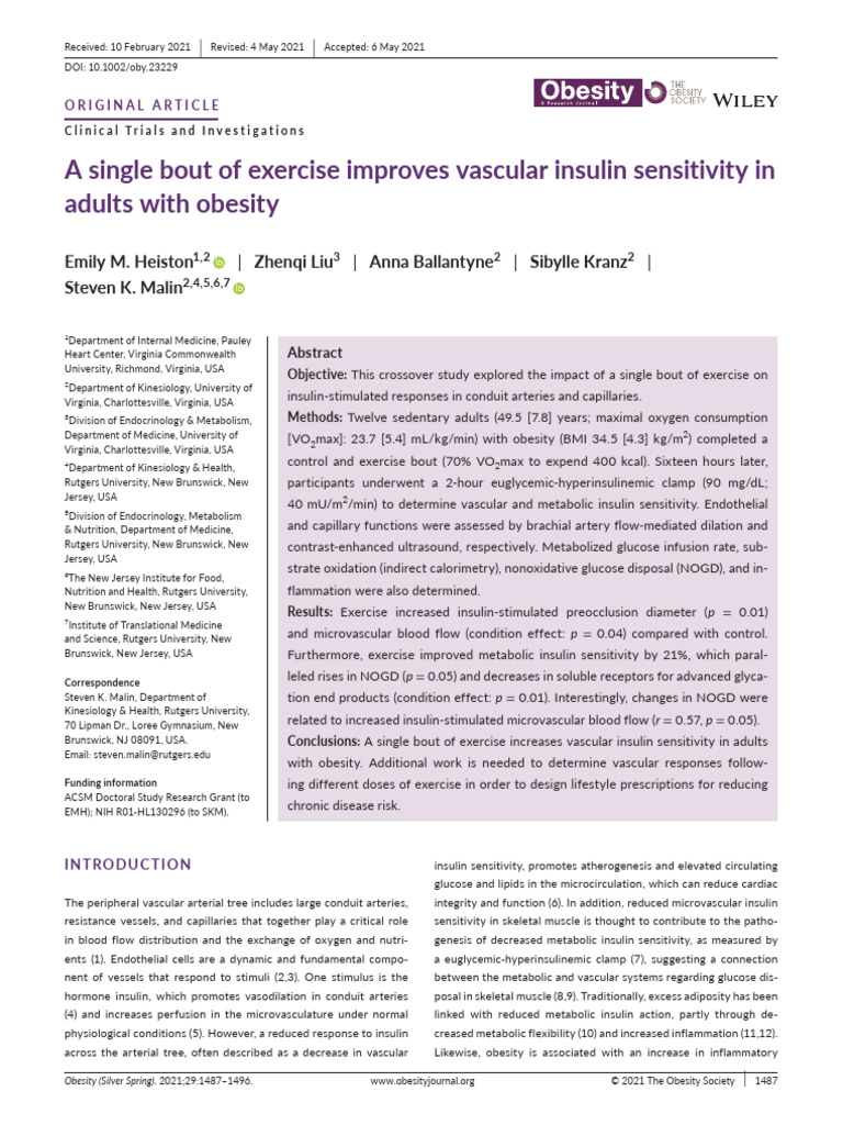 A Single Bout of Exercise Improves Vascular Insuli | PDF | Insulin ...