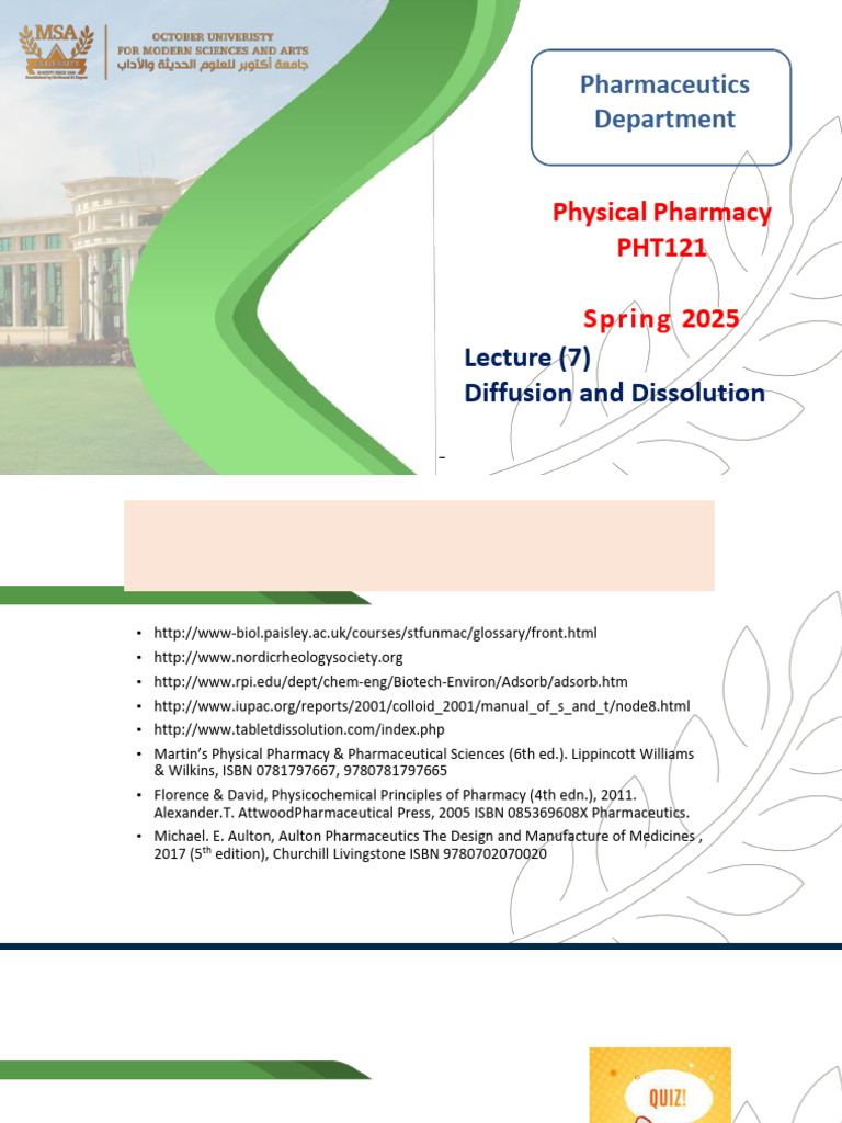 PHT121 - Lecture 7 - Diffusion - Spring 2025 | PDF | Solubility | Diffusion