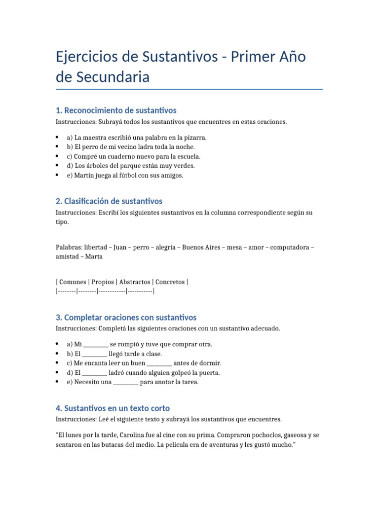 Ejercicios Sustantivos Primer Año | PDF