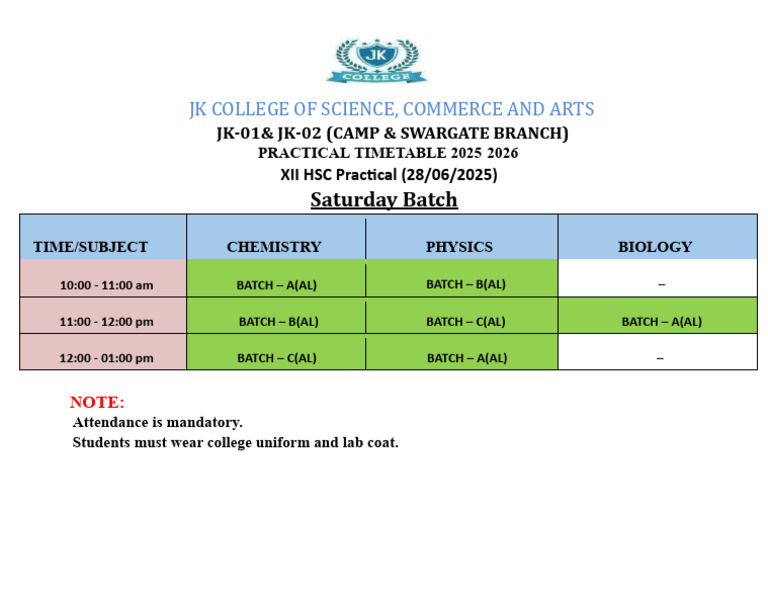 Saturday XII Science Practical JK-01 & JK-02 (Camp & Swargate Branch) | PDF