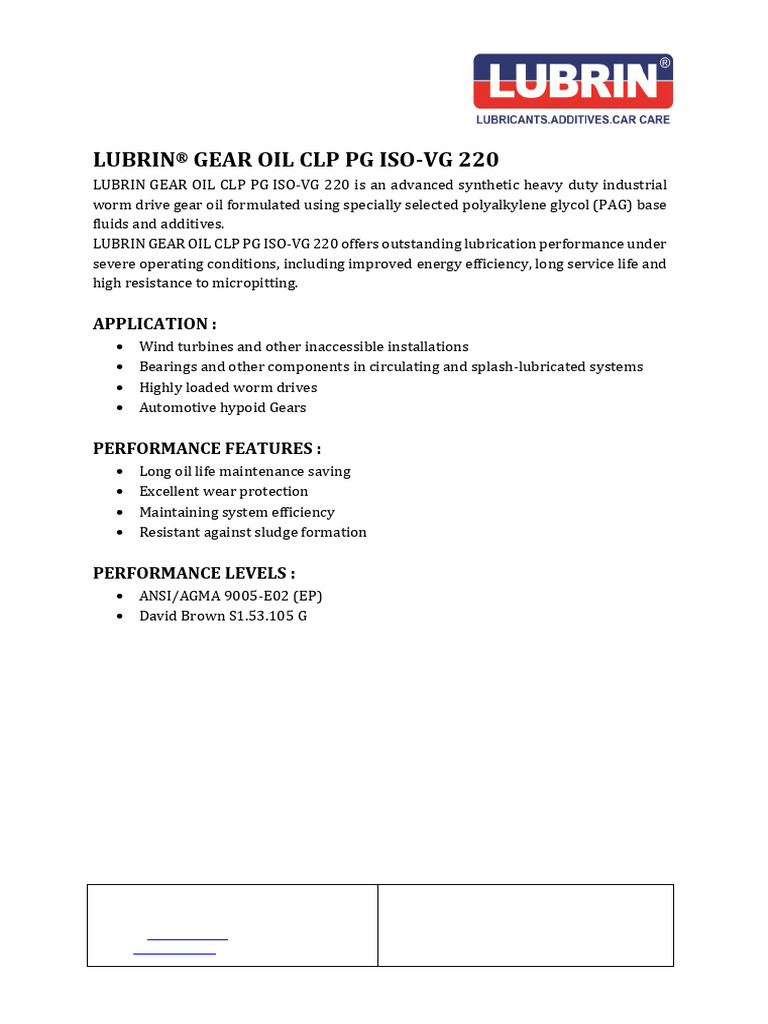Lubrin Gear Oil CLP PG Iso VG 220 | PDF | Mechanical Engineering | Liquids