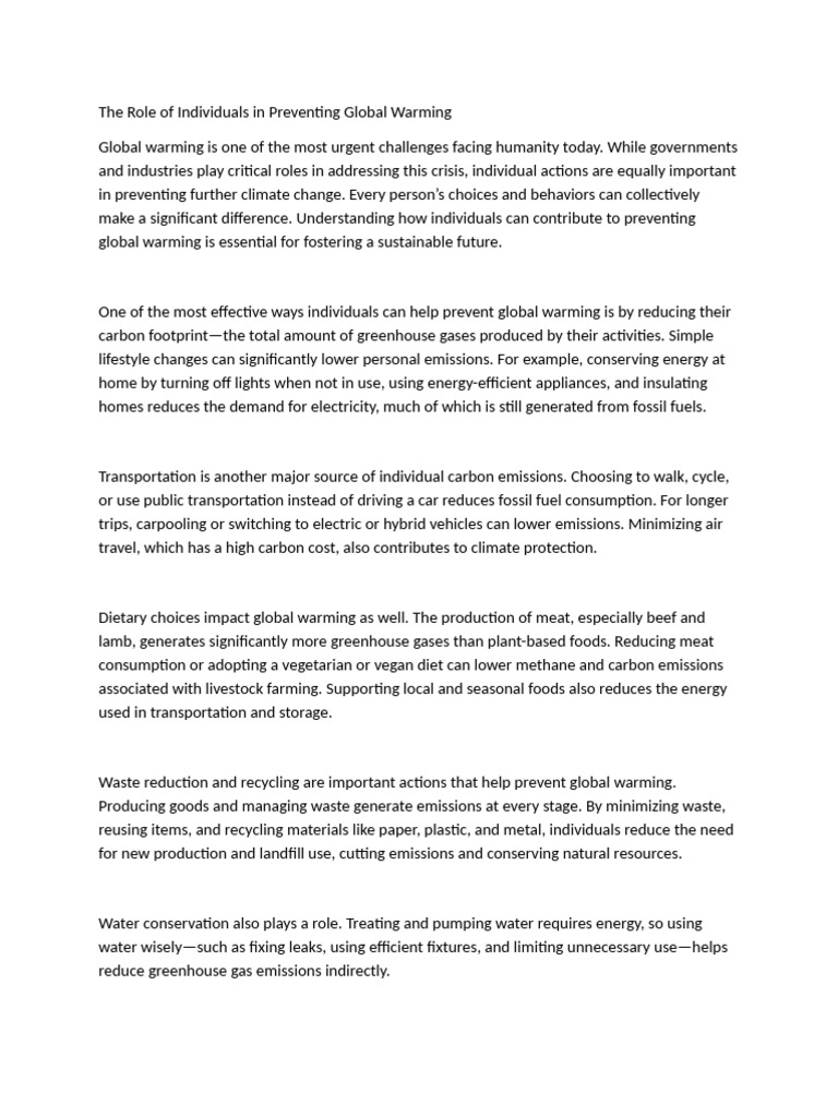 The Role of Individuals in Preventing Global Warming | PDF | Climate ...