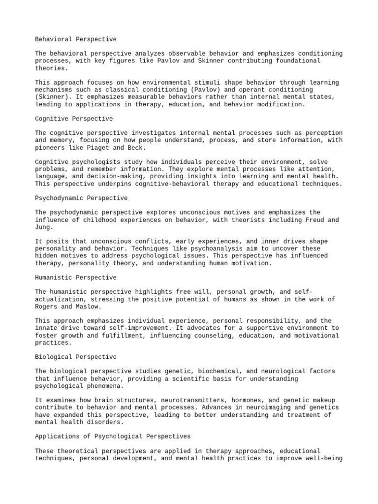 Key Psychological Perspectives Explained | PDF | Psychotherapy | Psychology