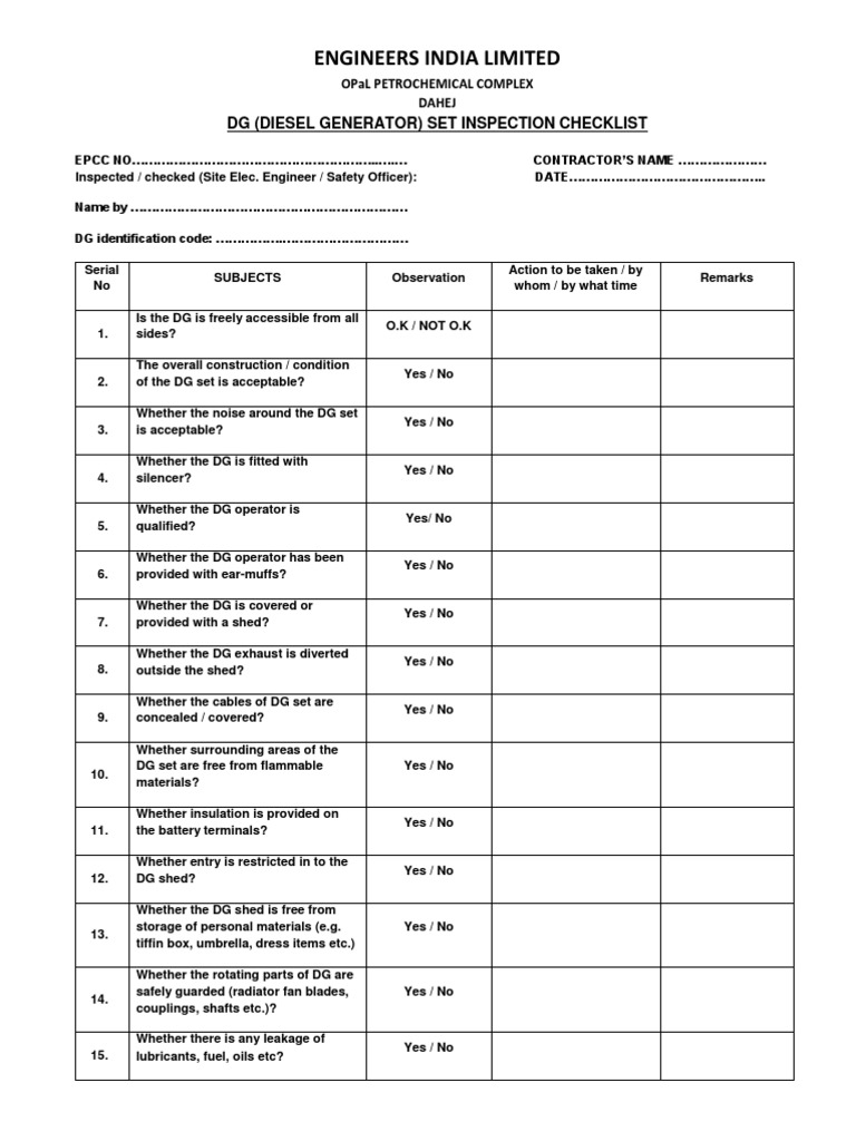 DG Checklist | PDF | Manufactured Goods | Electricity