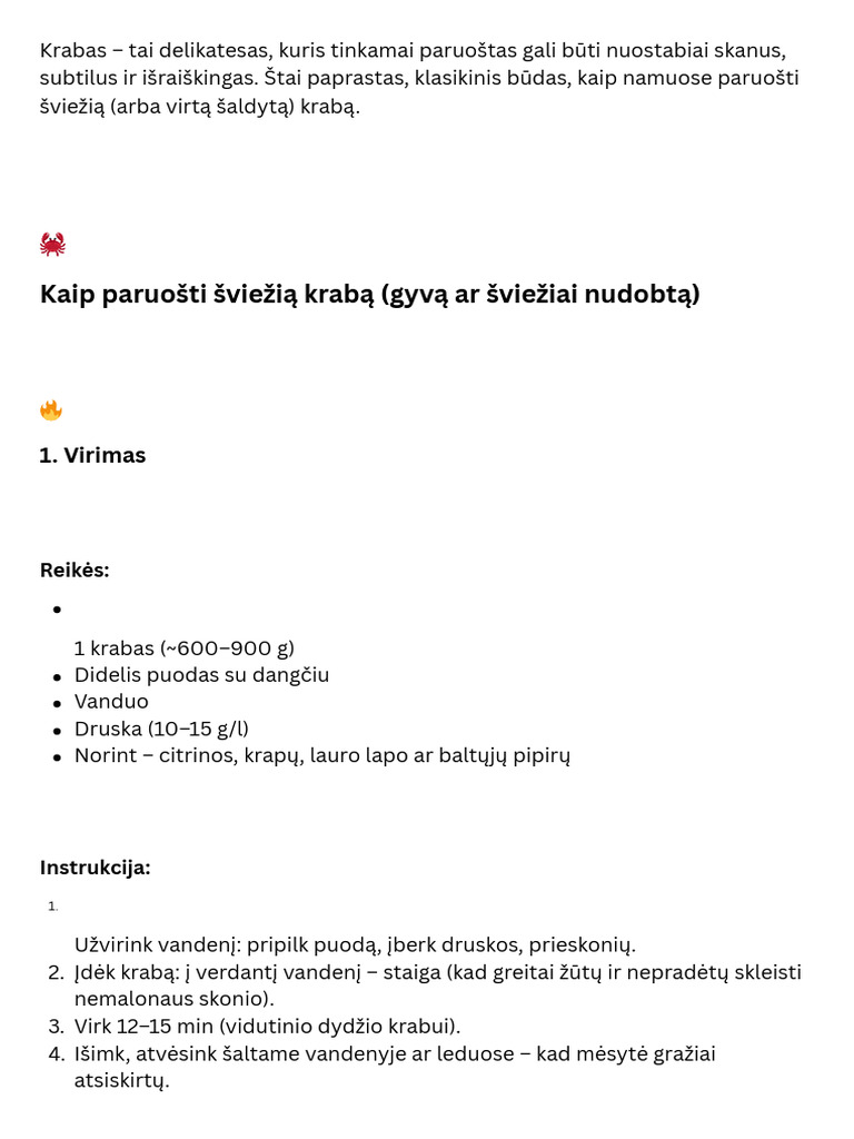Kaip Paruošti Šviežią Krabą (Gyvą Ar Šviežiai Nudobtą) : 1. Virimas | PDF