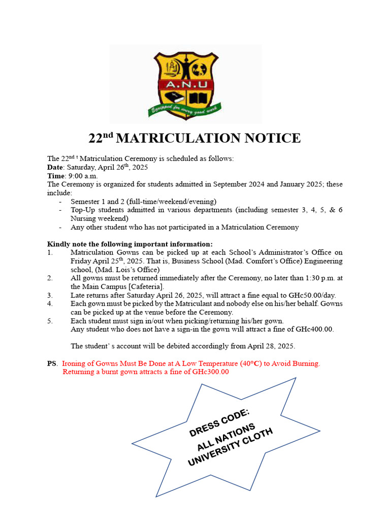 Matriculation Notice 2025 | PDF