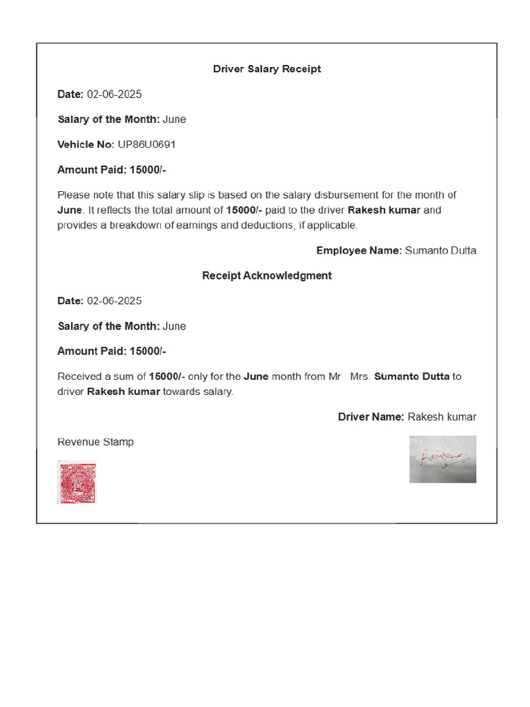 Driver Salary Slip (Freeforonline - Com) | PDF