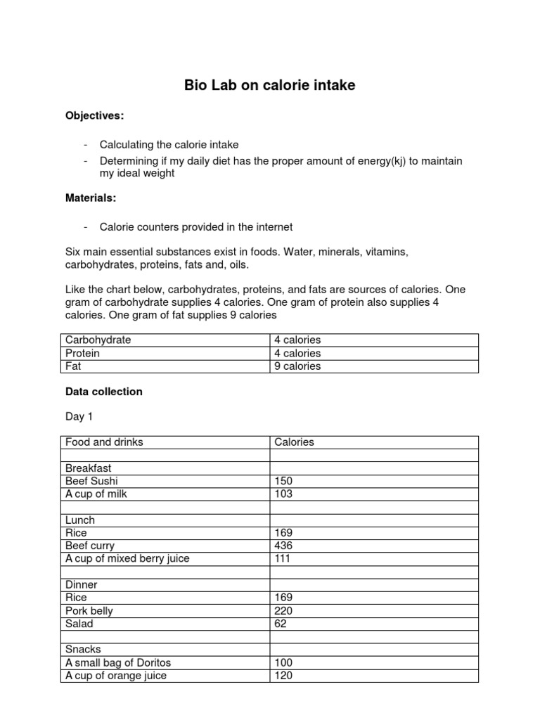 Bio Lab On Calorie Intake | Download Free PDF | Dieting | Calorie