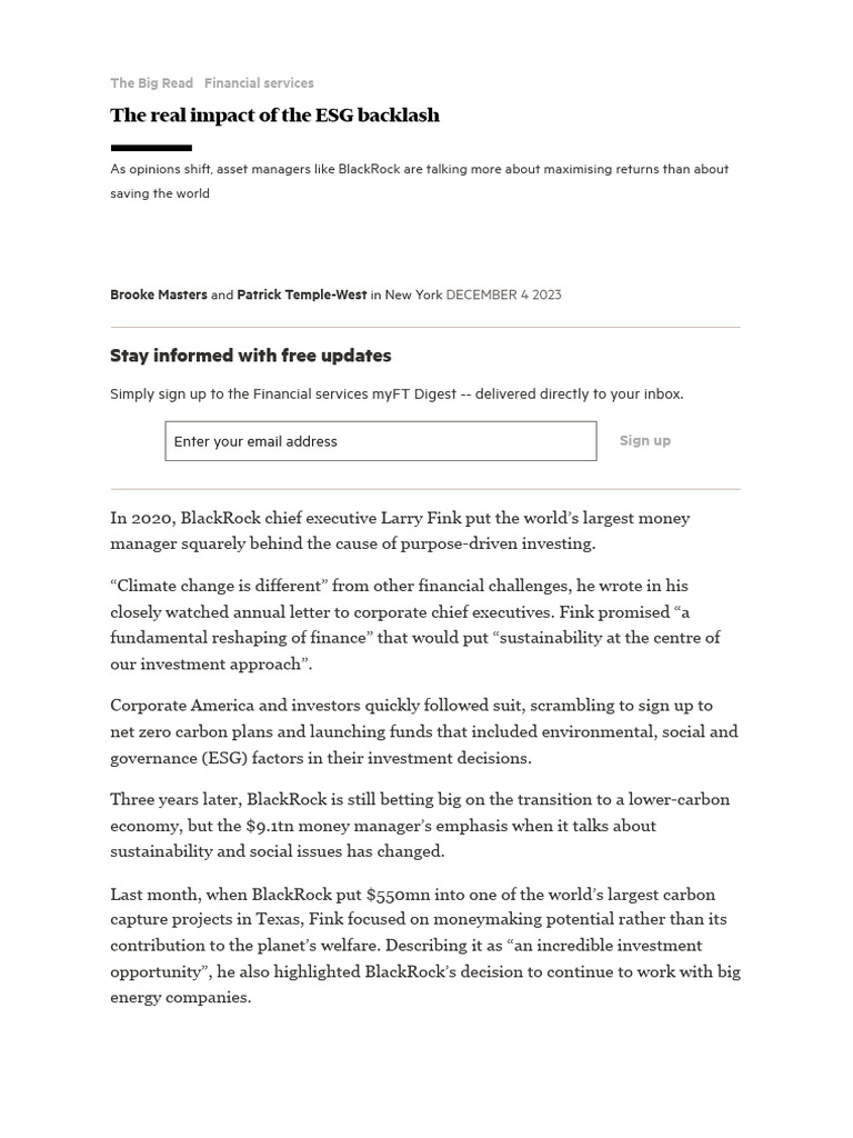 The Real Impact of The ESG Backlash | PDF | Black Rock | Investment ...