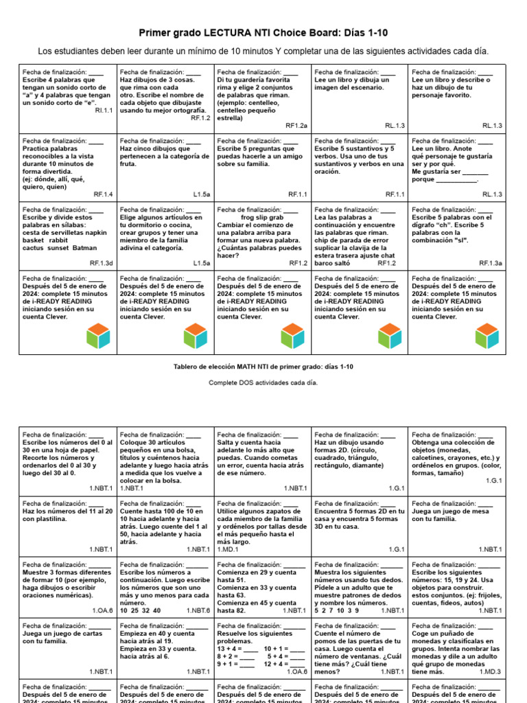 ESPAÑOL Primer Grado NTI Choice Board - SCS Días 1-10 2 | PDF | Lingüística