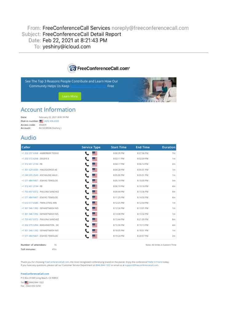 FreeConferenceCall Detail Report | PDF