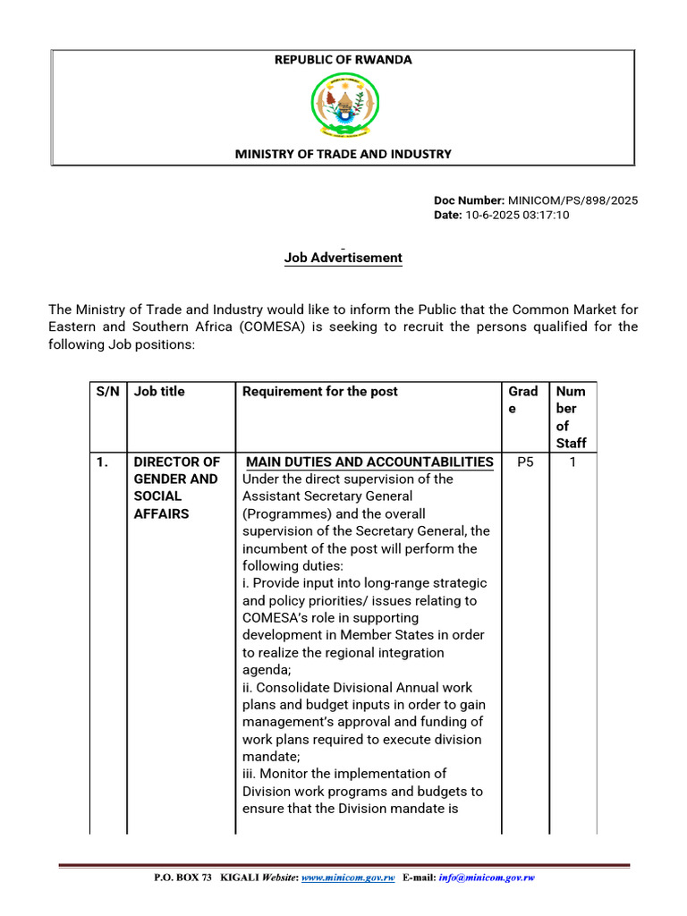 COMESA Job Vacancies 2025 Announcement | PDF | Computer Network | Mining