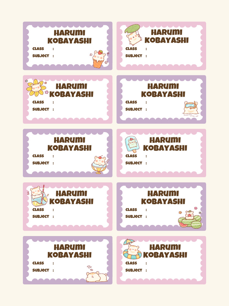 Cream Colorful Cute Name Label A4 Document | PDF