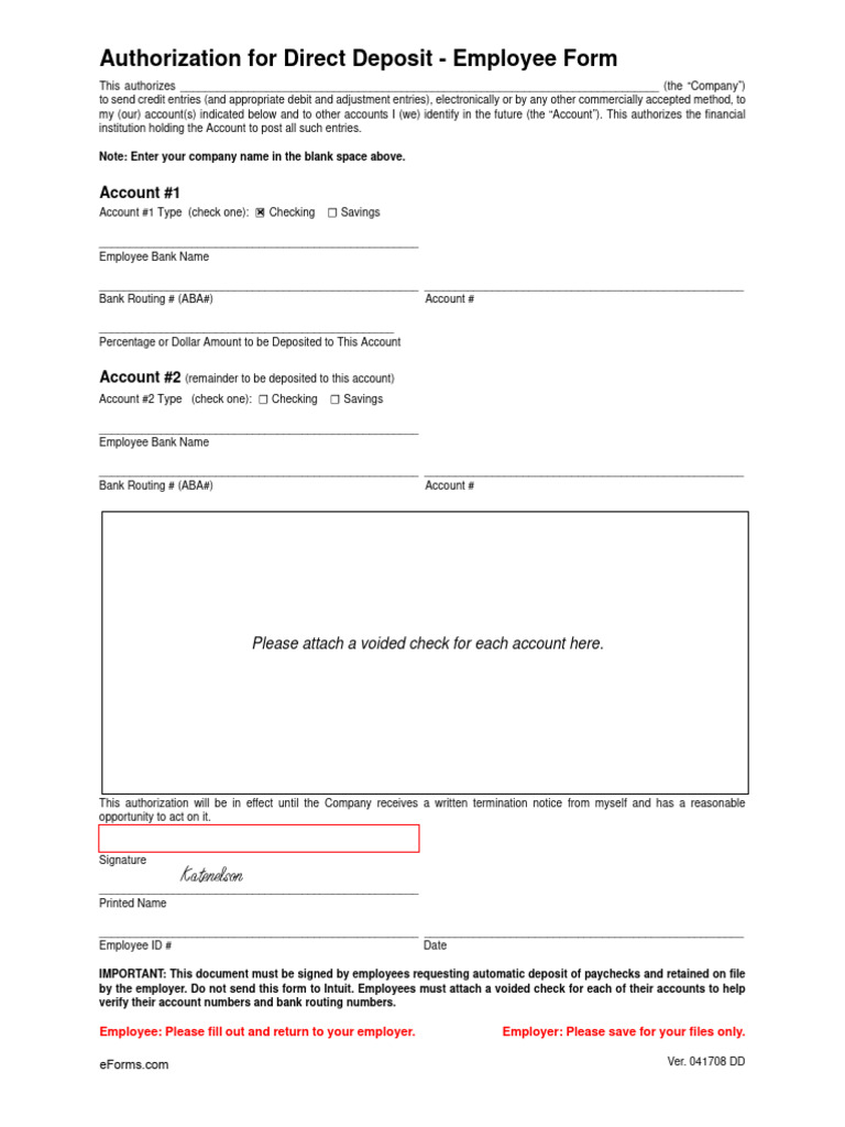Direct Deposit Authorization Attach A Voided Check | PDF | Cheque ...