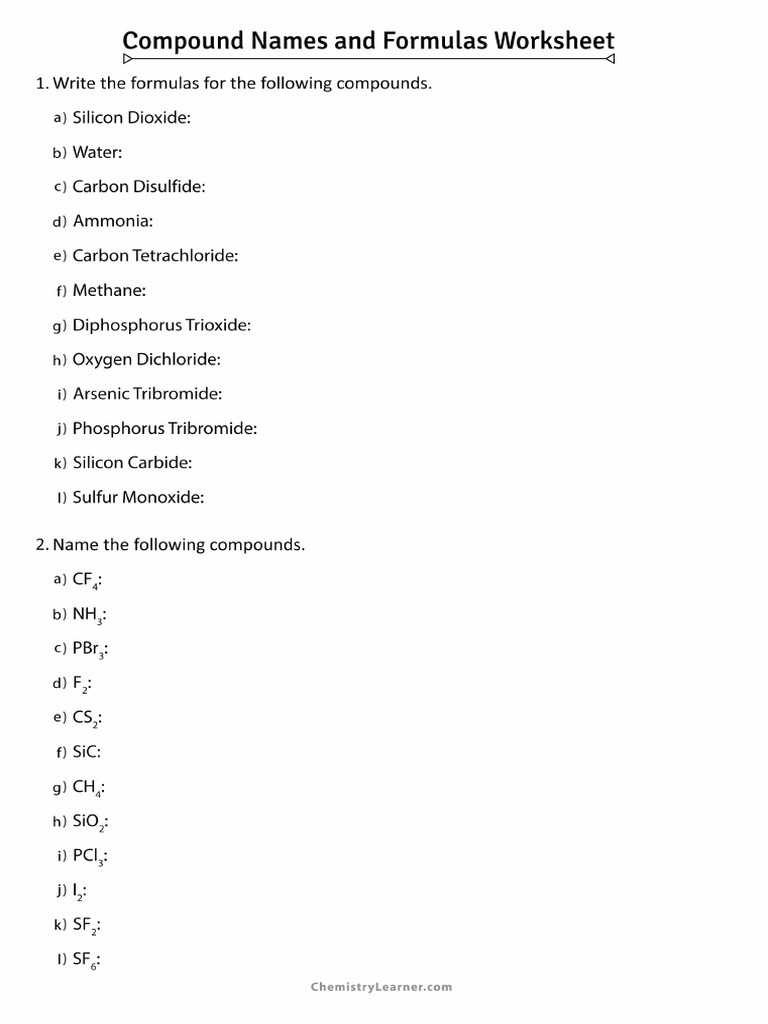 Compound Names and Formulas Worksheet | PDF