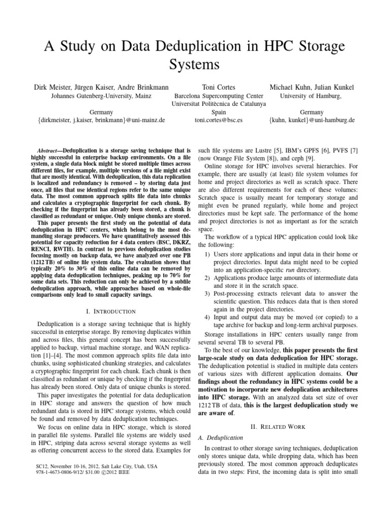 A Study On Data Deduplication in HPC Storage Systems. | PDF | Computer File | Backup