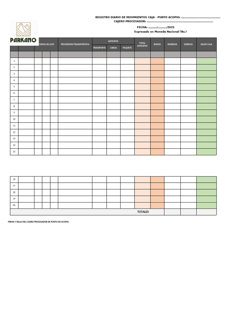 Registro Diario de Movimientos Caja-Punto Acopio | PDF