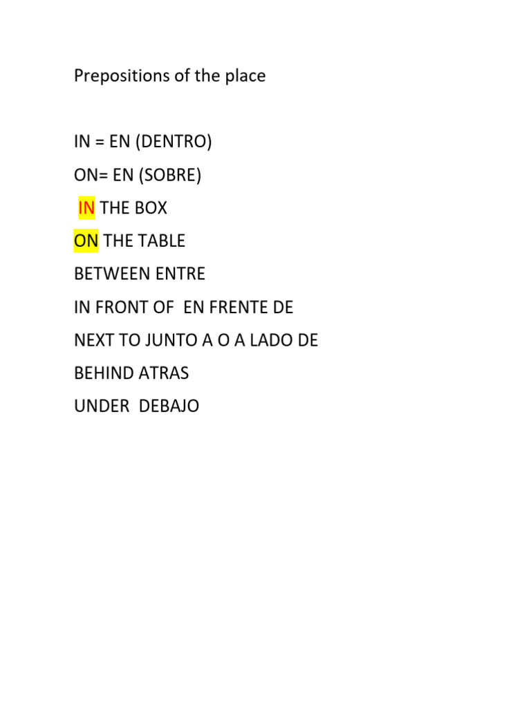 Spanish Prepositions of Place Guide | PDF