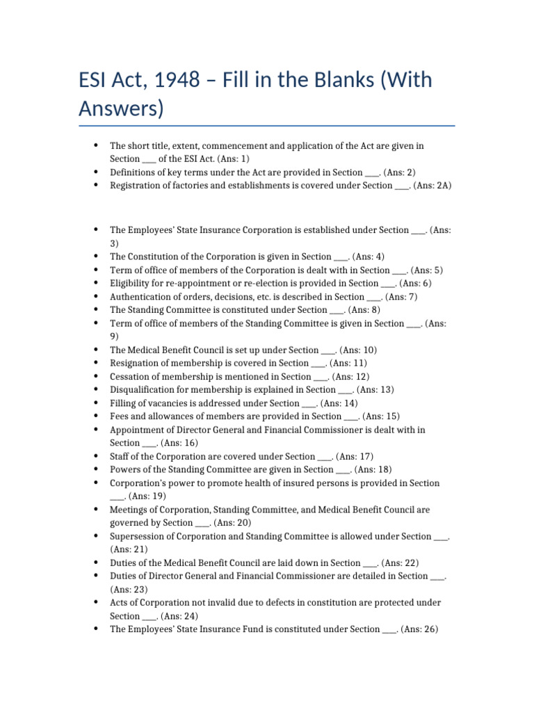 ESI Act 1948: Key Sections Overview | PDF | Employment | Private Law