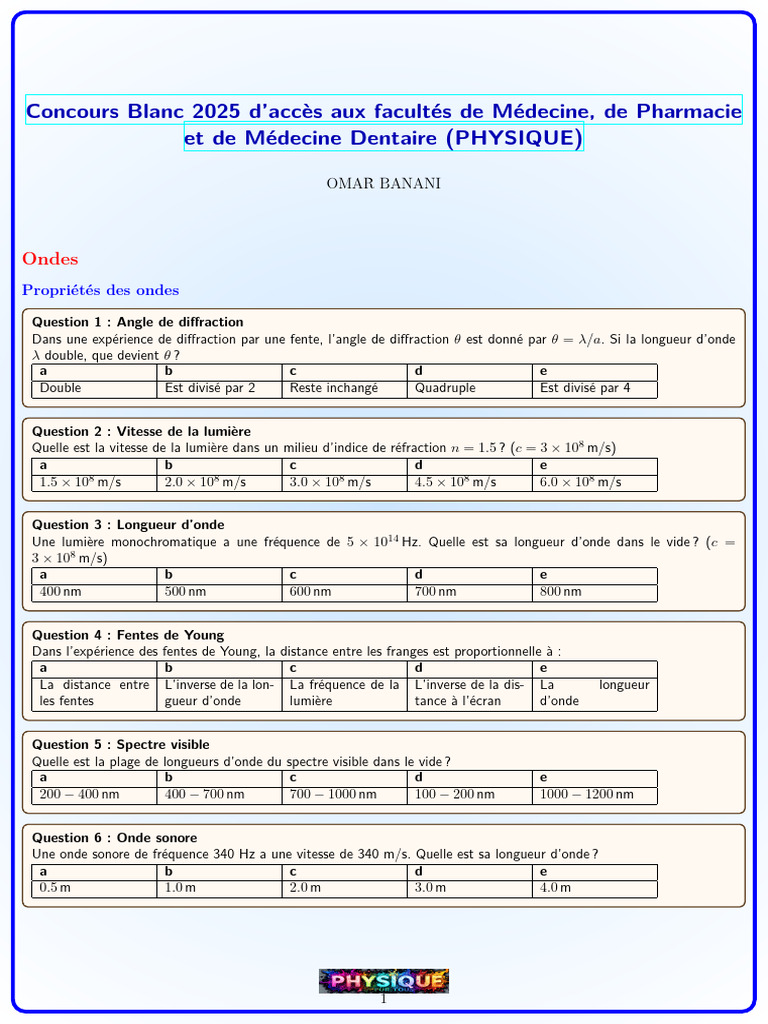Concours Blanc 2025 D'accés Aux Facultés de Médecine (Partie Physique ...