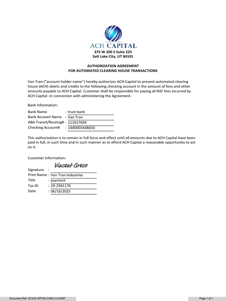 Ach Authorization Agreement Bde4cb94 d794 46d3 Bc3d 9b75f800283d PDF | PDF | Automated Clearing ...
