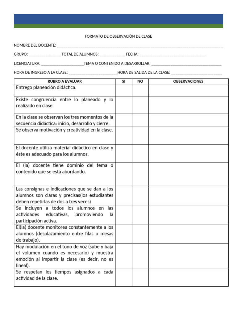 Formato de Observación de Clase | PDF