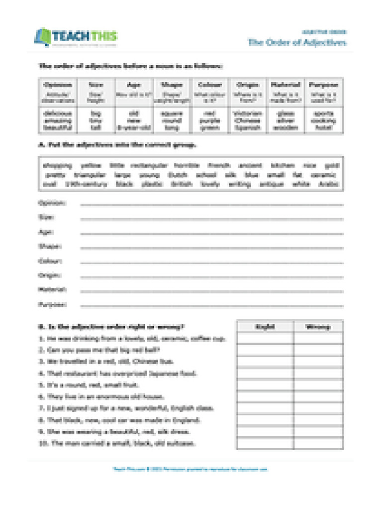 Order of Adjectives Worksheet | PDF